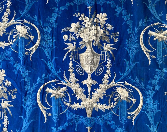 119X32 LARGE 1860 Curtain Prussian Blue French Rococo Floral ...