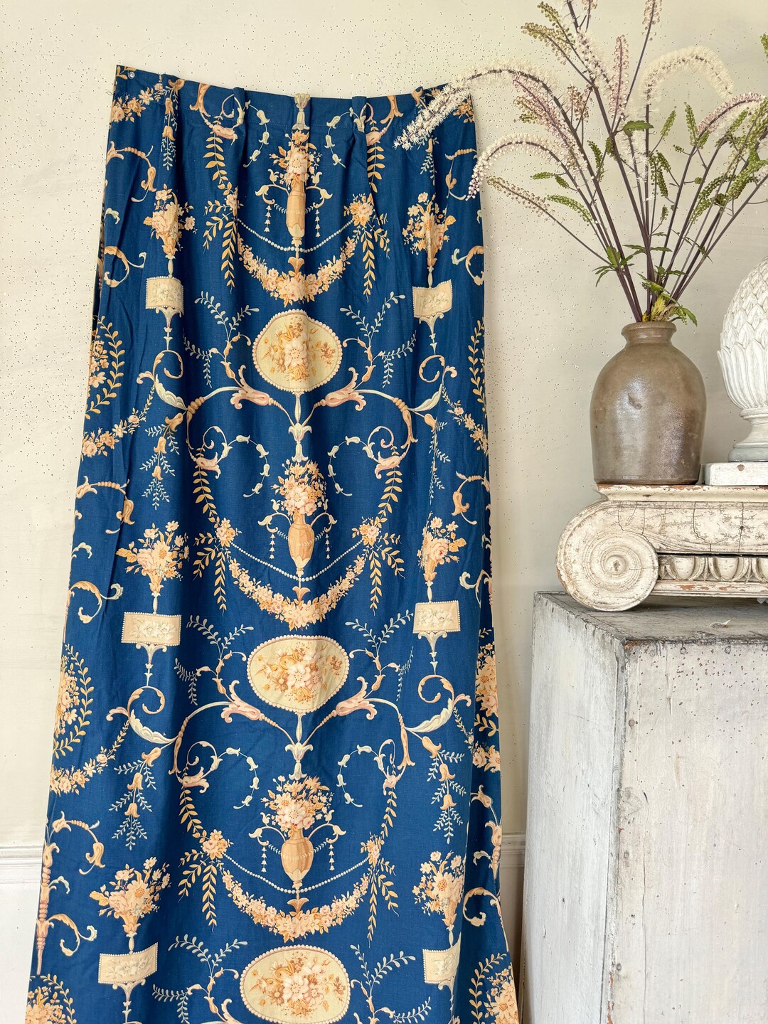 95x36 Vintage Blue Curtain Swags Rococo Design Cotton Cottage Country ...