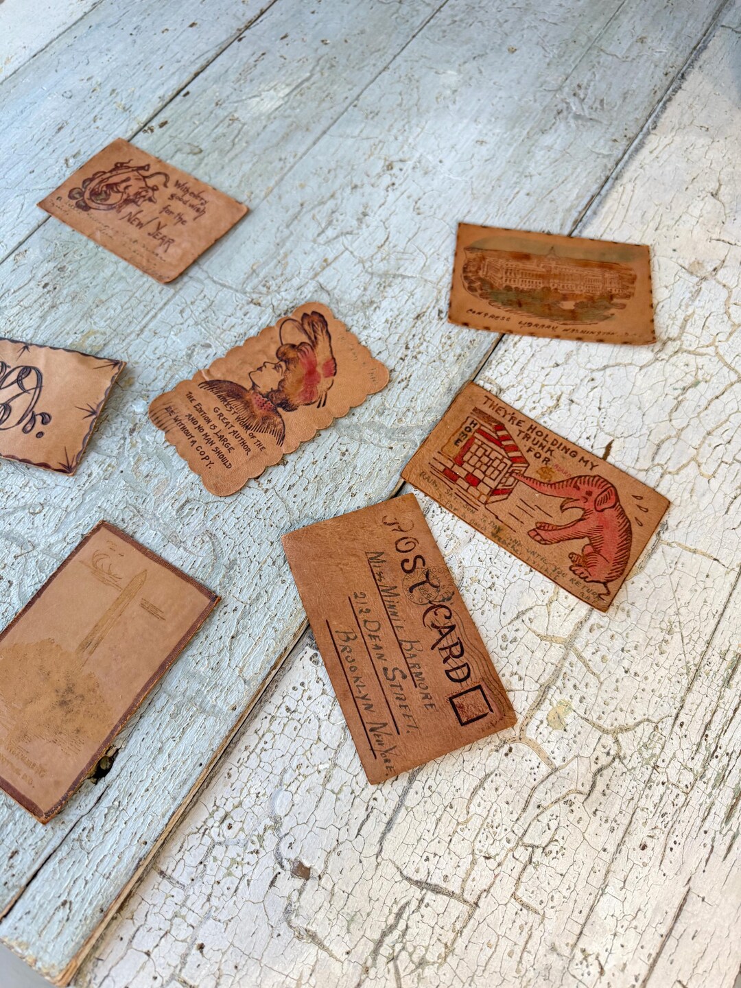 7 1900-1910 Leather Postcards Handmade Unique Antique Vintage Cards ...