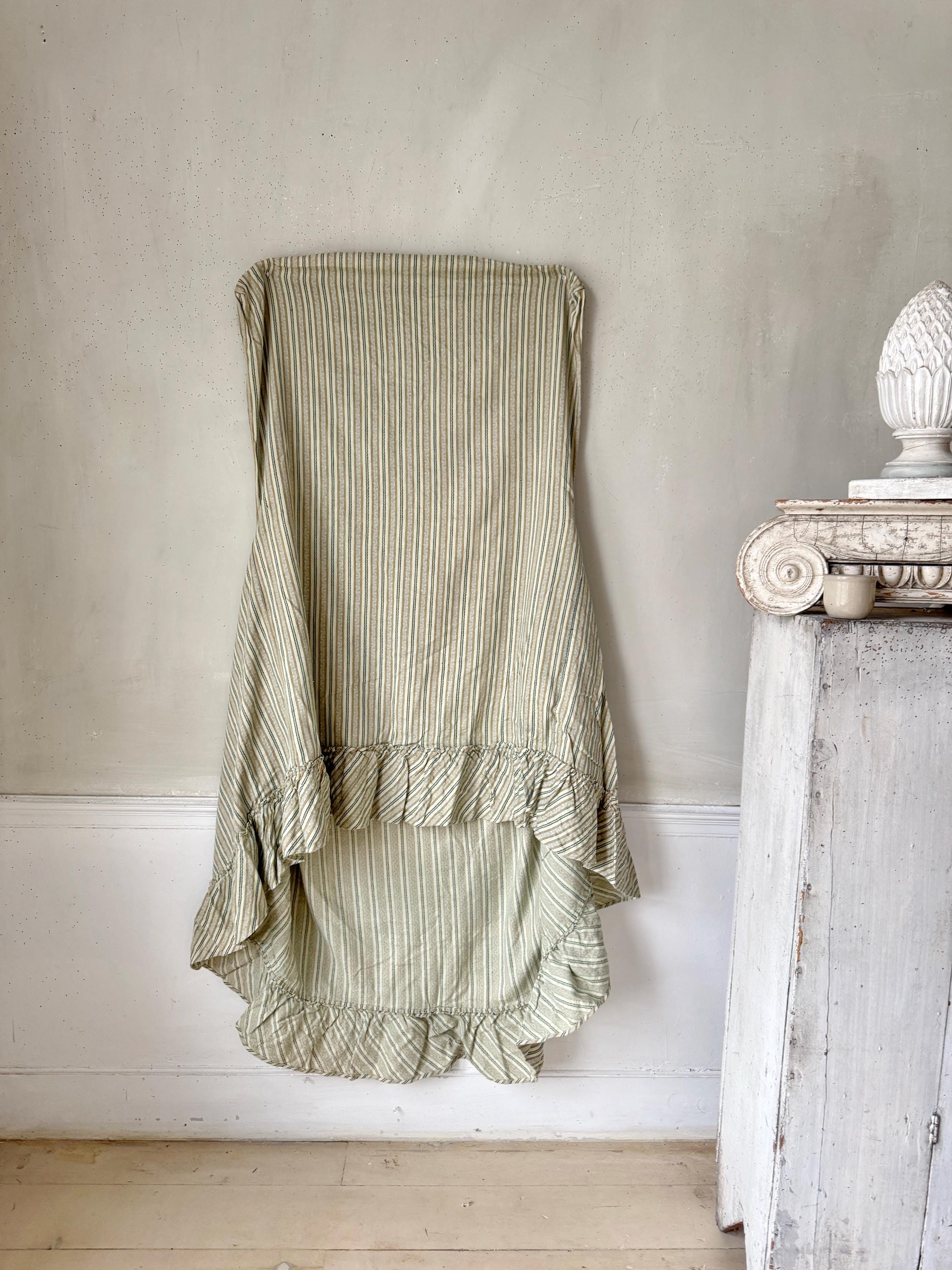 C1900 French Slipcover Ruffled Striped Blue Gray Antique Textile Rustic ...