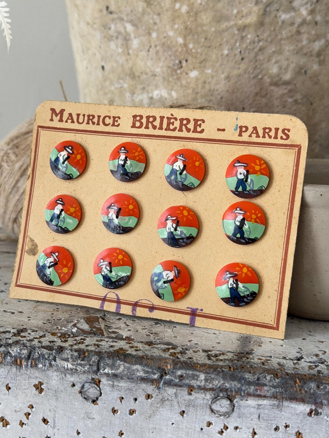 12 Hand Painted French Buttons Farmer Plow Maurice Briere Paris ...