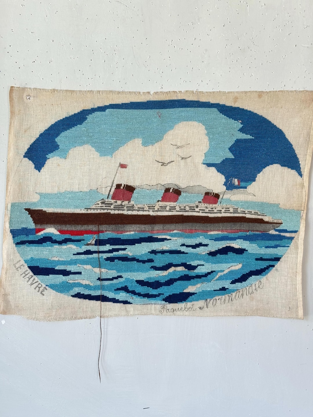 23x17 Vintage French Needlepoint Embroidery Ship Normandie Ocean Liner ...