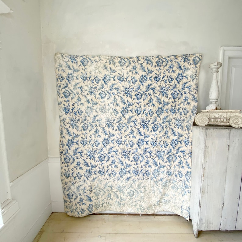 AMAZING Faded Blue Antique French Quilt Boutis Pique 19th Century Old ...