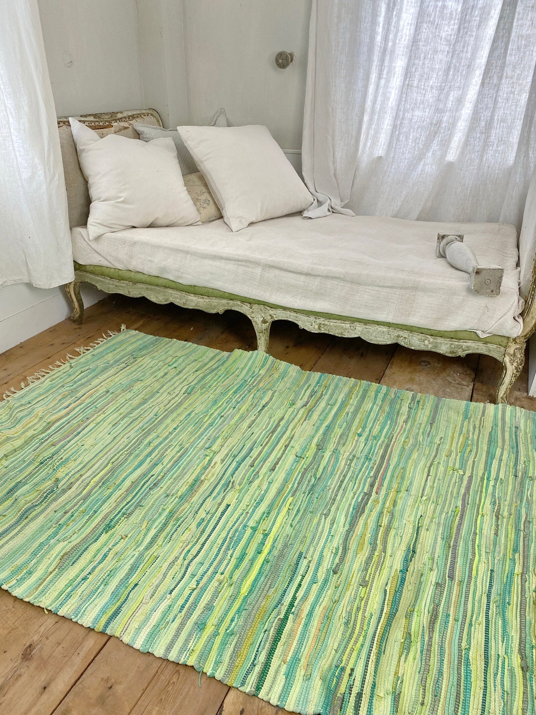 82x56 Portuguese GREEN Rag Rug Hand Woven Vintage Plaid Striped Runner ...