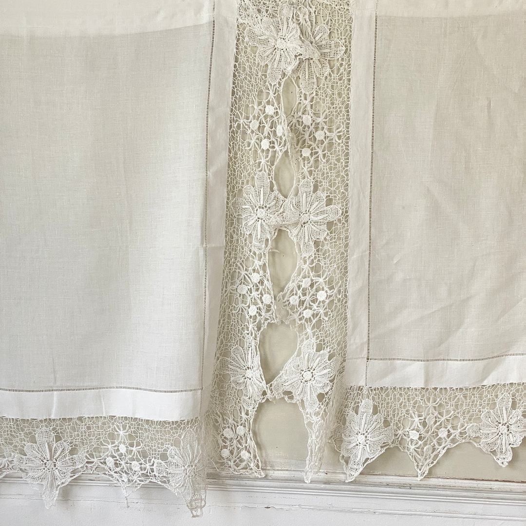 2 White Set Antique French Lace Cafe Curtains Handmade Cottage Romantic ...