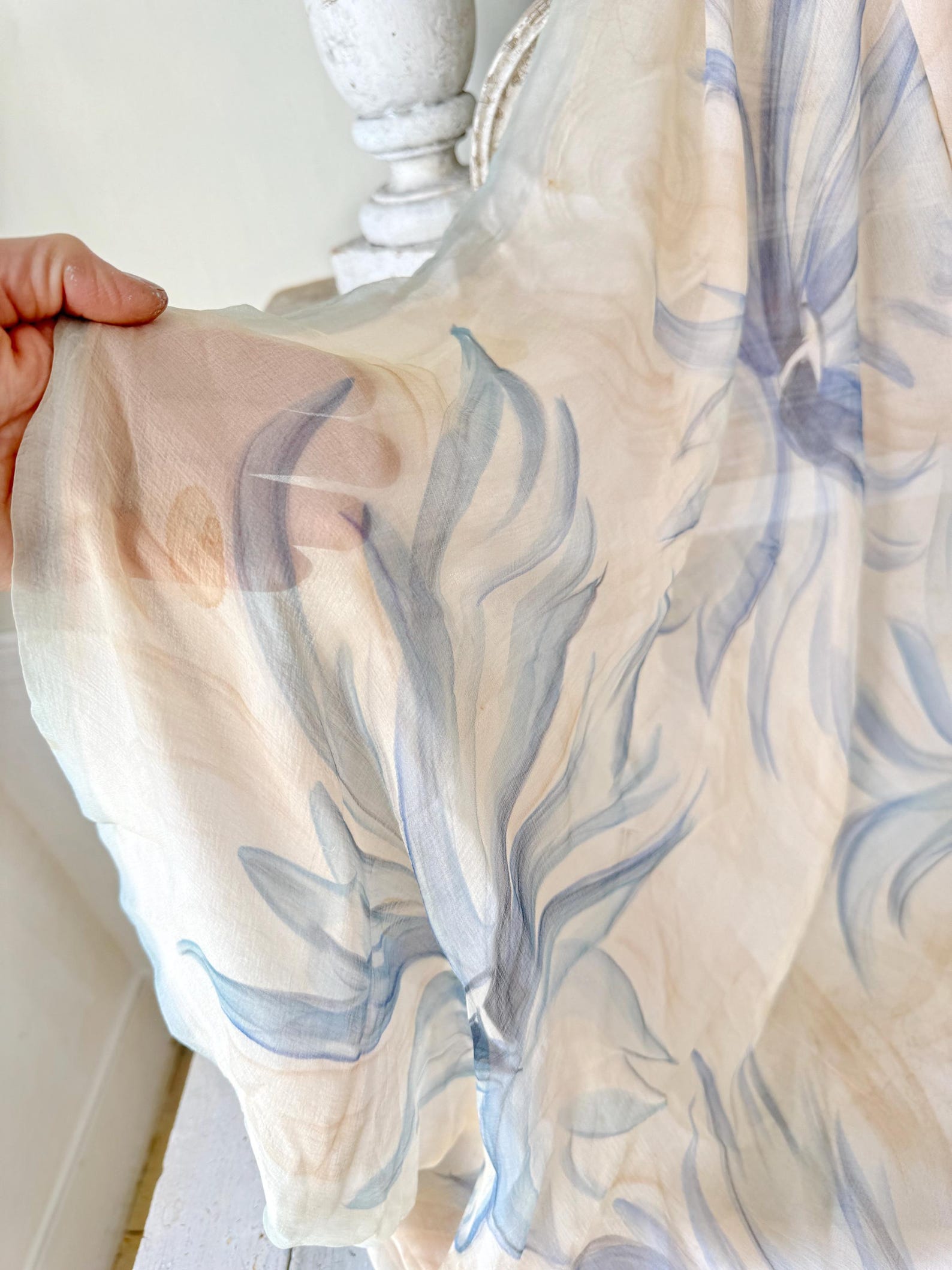 33x33 Blue Floral Elegant French Scarf Light Weigh Sheer Faded Fabric ...