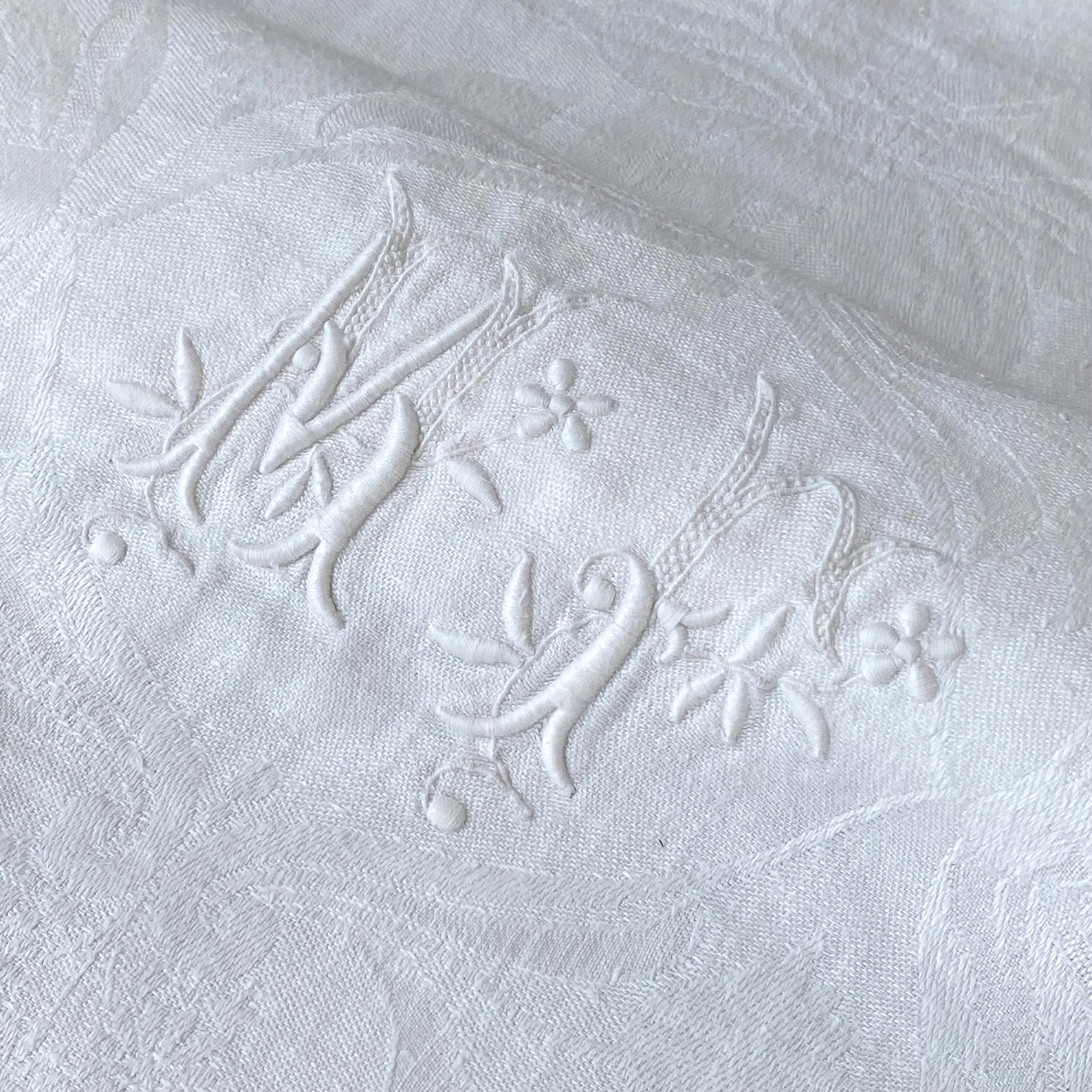 Art Deco Napkin Antique French White Napkin Hand Stitched MF Monogram ...