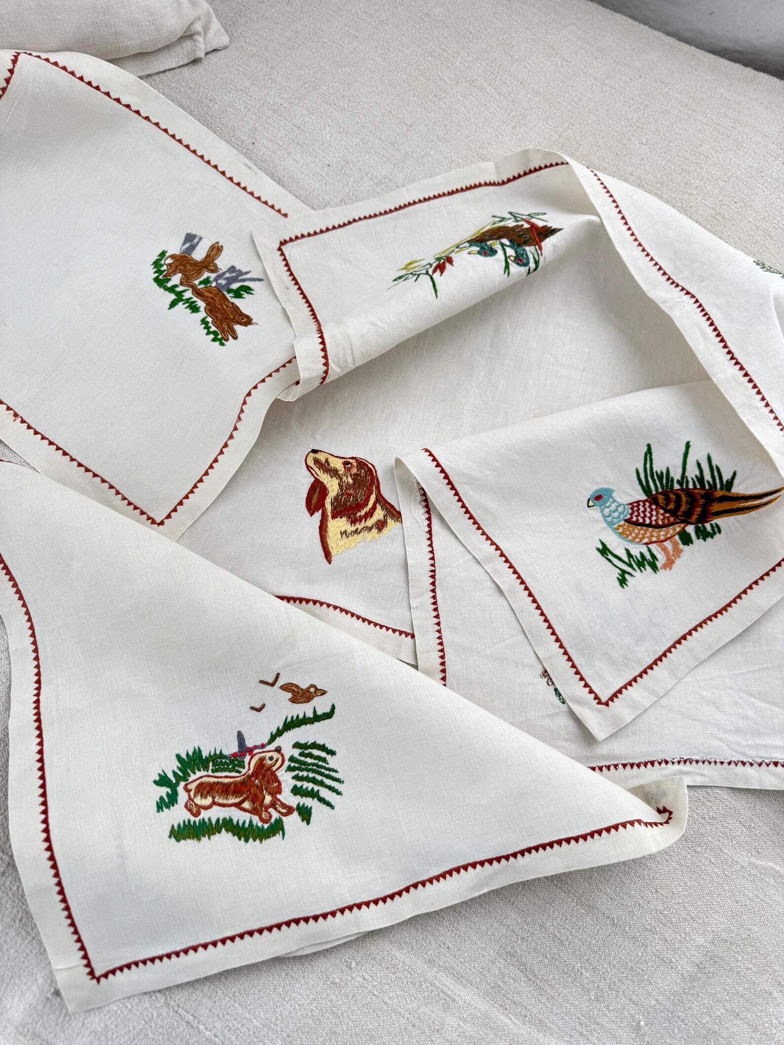 French Dog Pheasant Rabbits Embroidered Linen Handmade Unique Birthday Wedding Gift Idea Wall ...