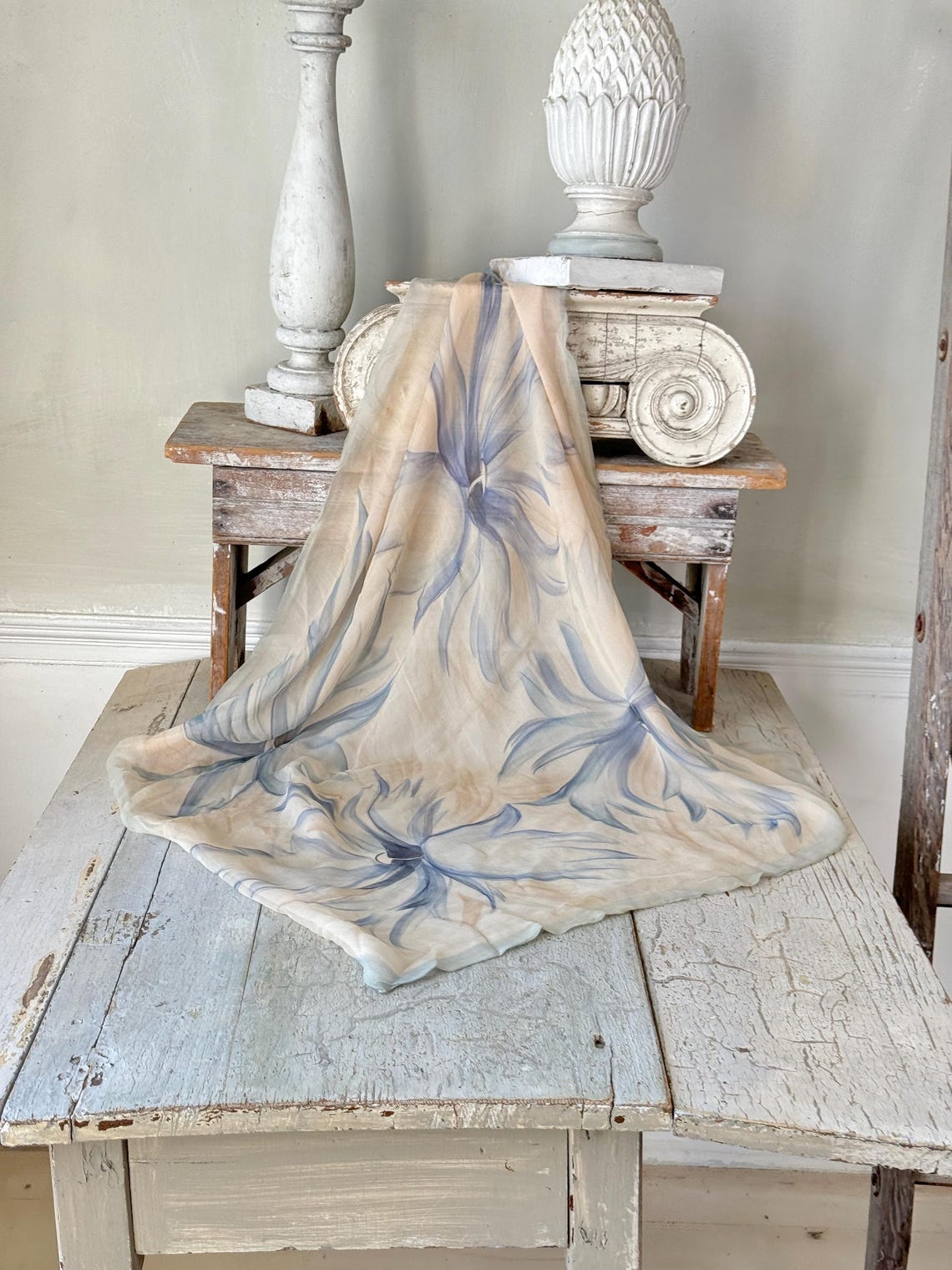 33x33 Blue Floral Elegant French Scarf Light Weigh Sheer Faded Fabric ...
