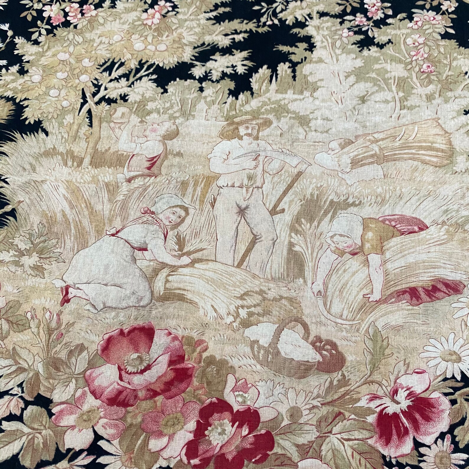 STUNNING Wheat Flax Workers Pattern Black Ground Antique | Etsy