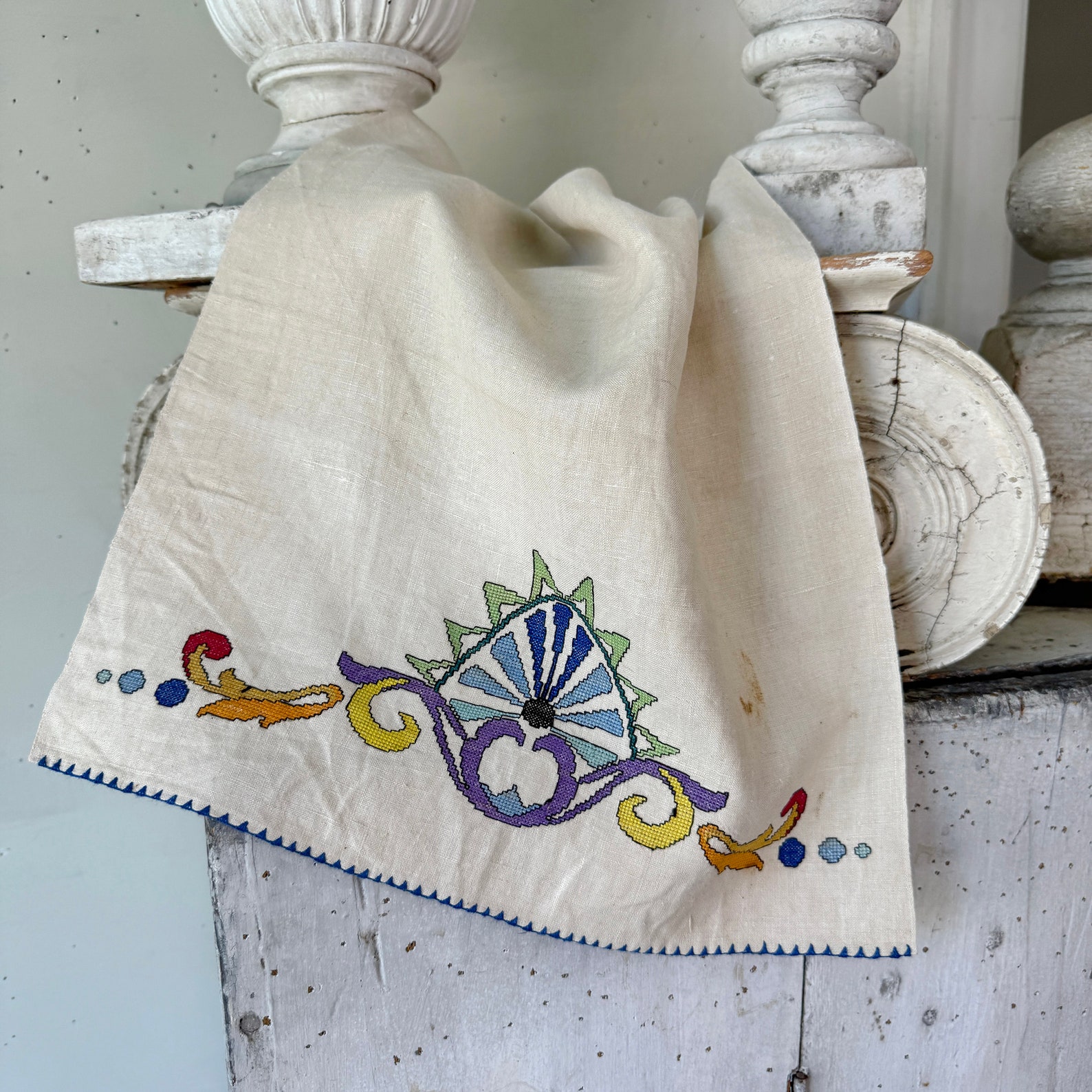 1920's Embroidered Linen Inspiration Piece Colorful Coastal Home Boho ...