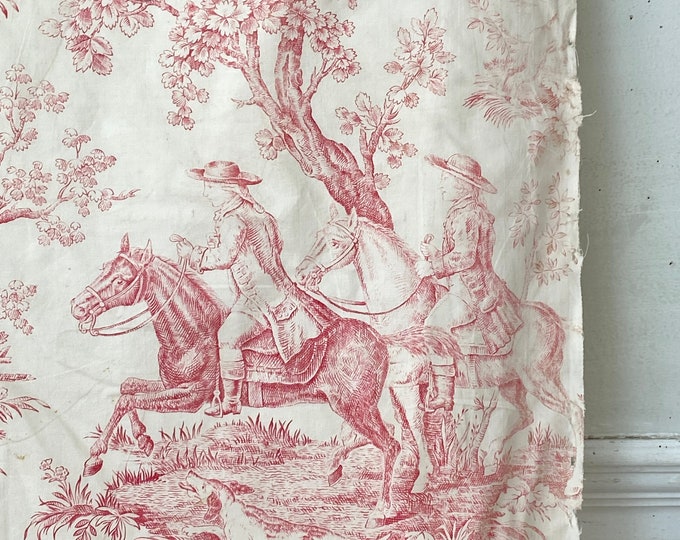 Antique French Hunting Toile Fabric Pink Material Horse Cottagecore ...
