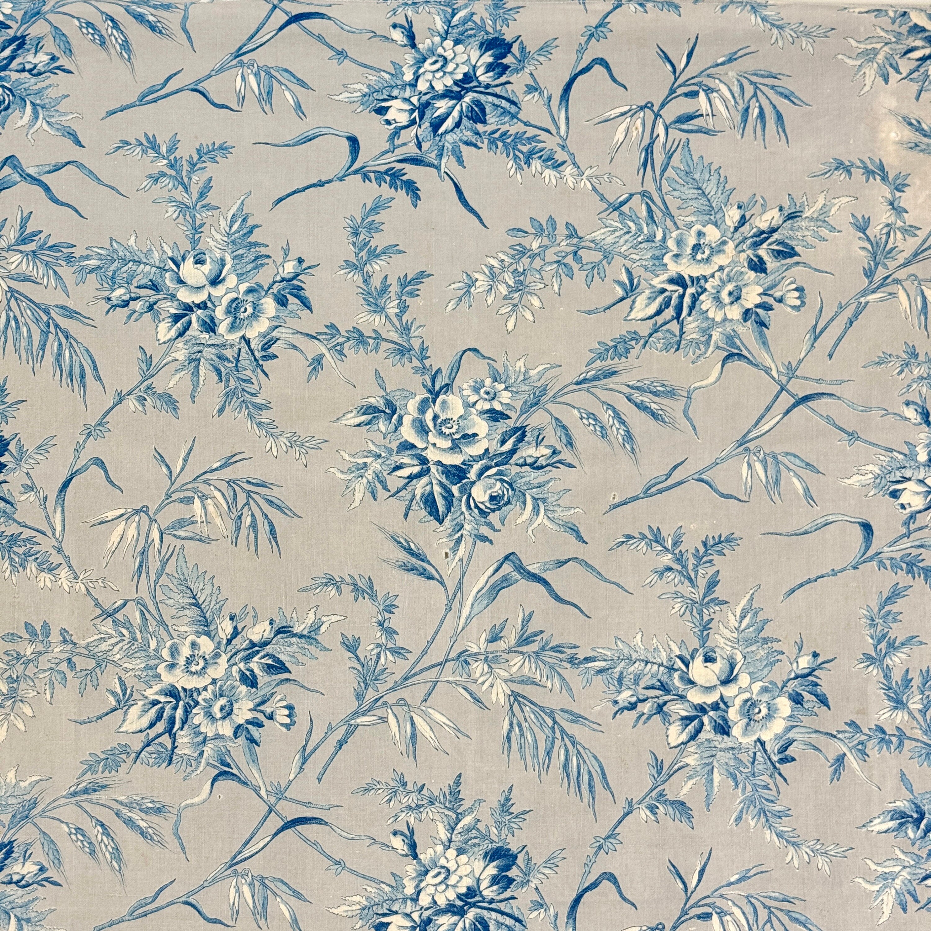 76x33 WOW Antique GRAY GREY Blue French Floral Fabric Material Delft ...