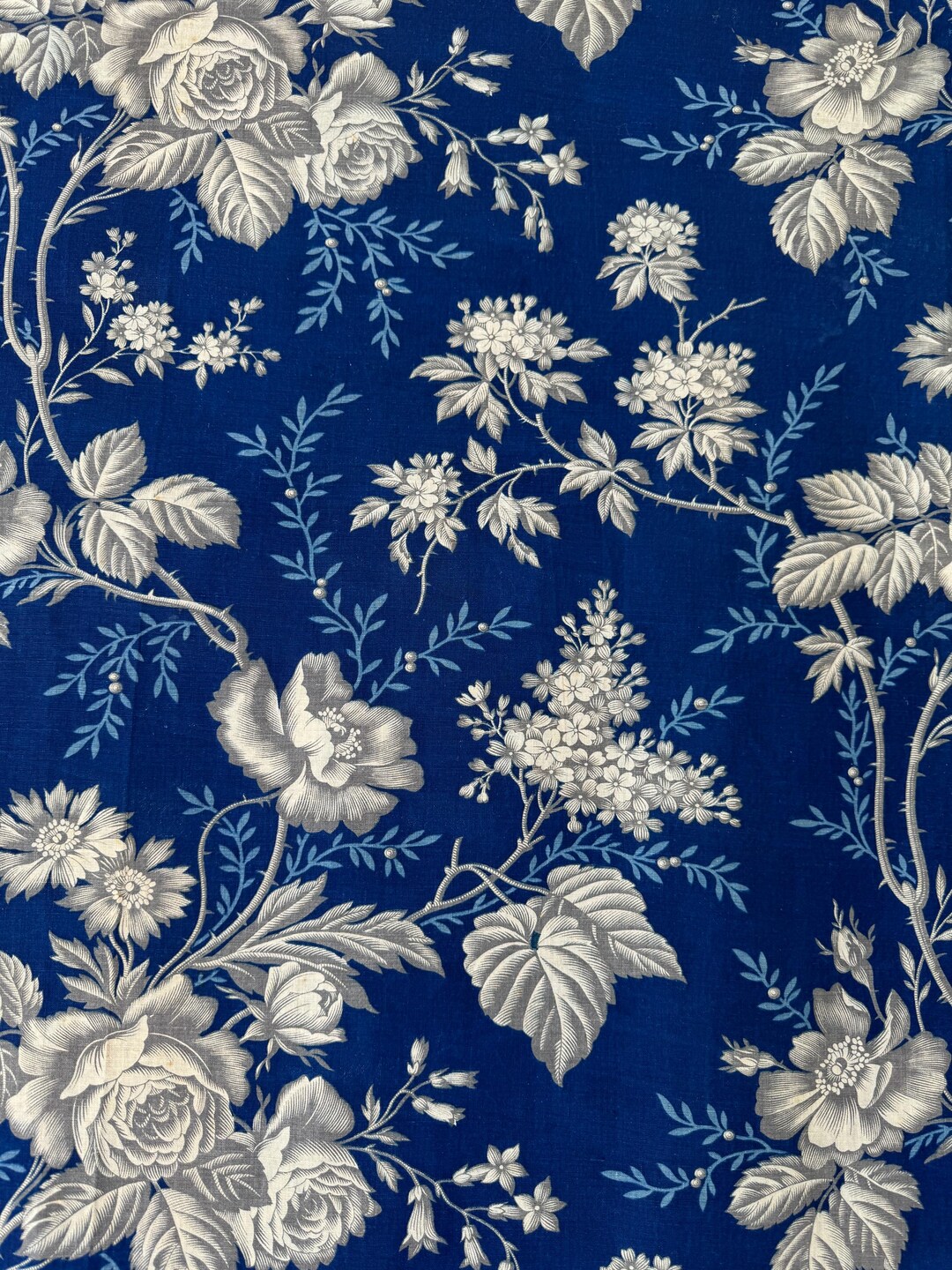 1870 Prussian Poppy Blue French Gray Fabric Material Old Floral Country ...