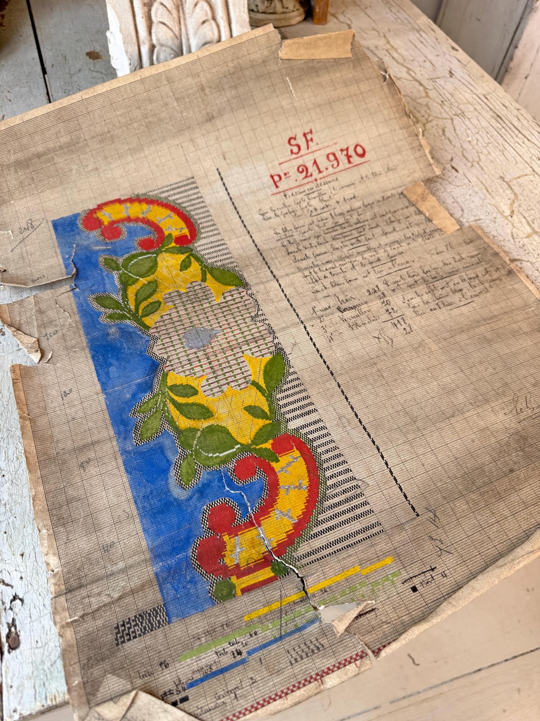 18x22.5 Antique French Textile Drawing Gouache Jacquard Ribbon Design ...