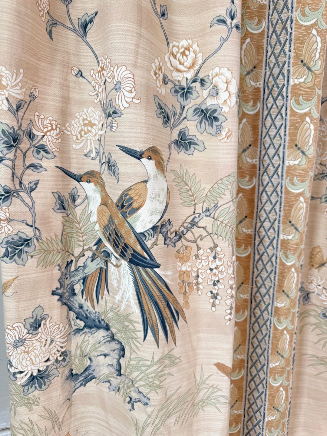 94x53 (2 Avail) Vintage English Curtain Chinoiserie Botanical Birds ...