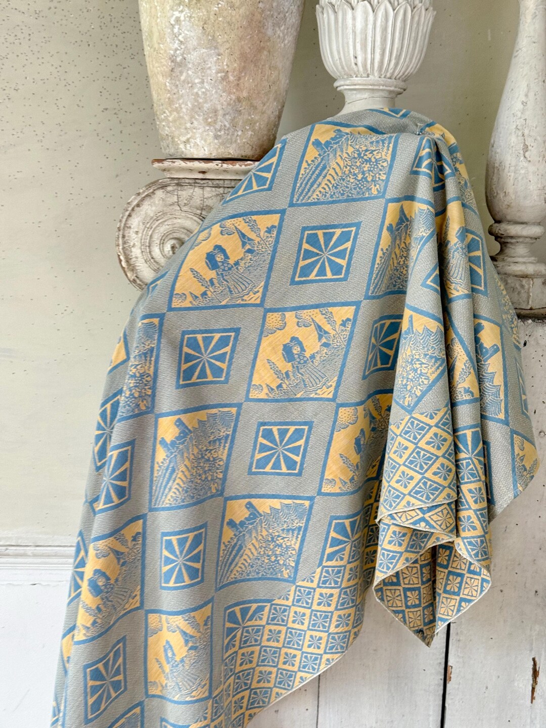 64x45 Art Deco Alsace French Damask Blue Yellow Tablecloth Fabric ...