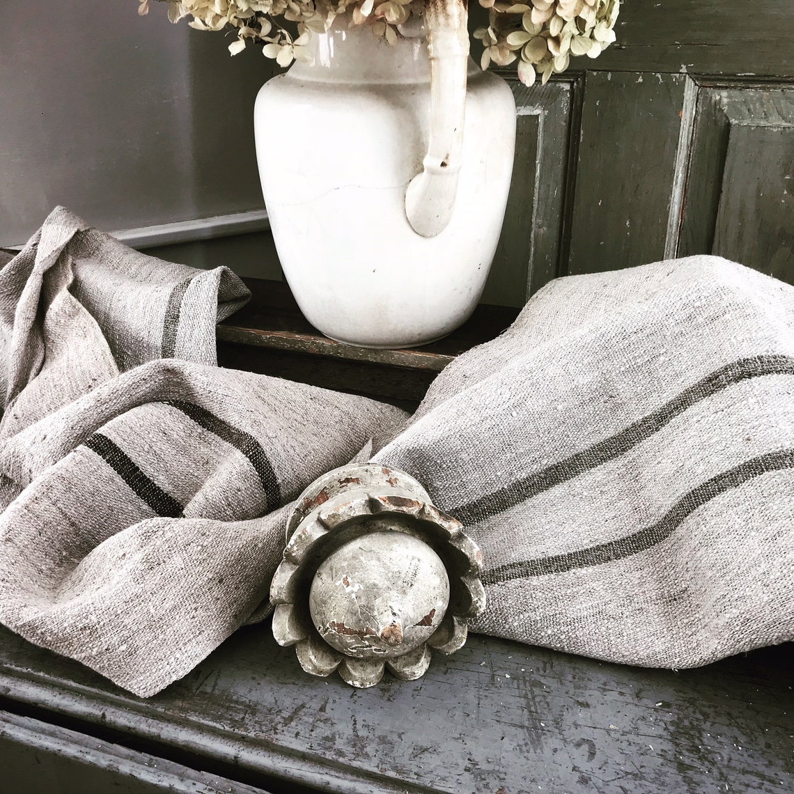 Striped Linen Gray Flax Fabric Grain Sack by the Yard Antique Homespun ...
