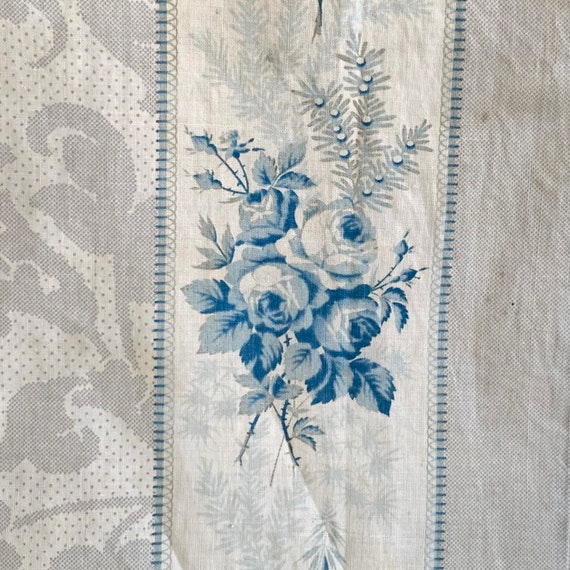 1850 GRAY and Blue Printed Antique Chintz Fabric Blue Roses - Etsy