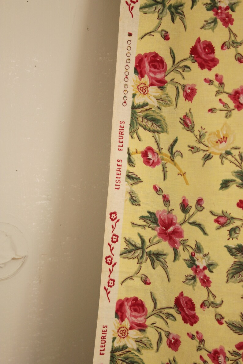 Vintage French Floral Fabric Pink Rose Flower Design on Yellow | Etsy