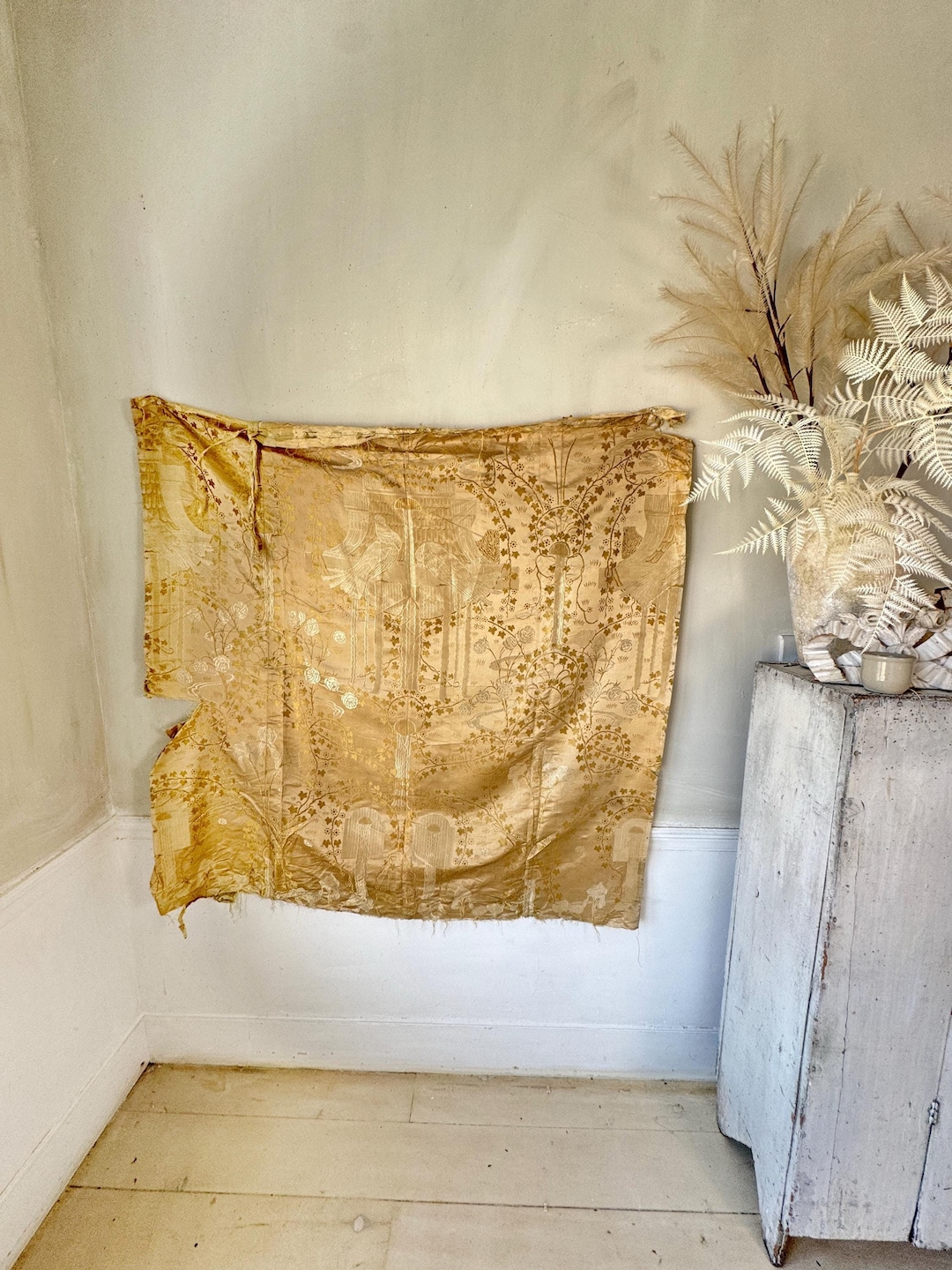50x48 French GOLD Silk De Lyon Soie Golden Damask Fabric Material ...