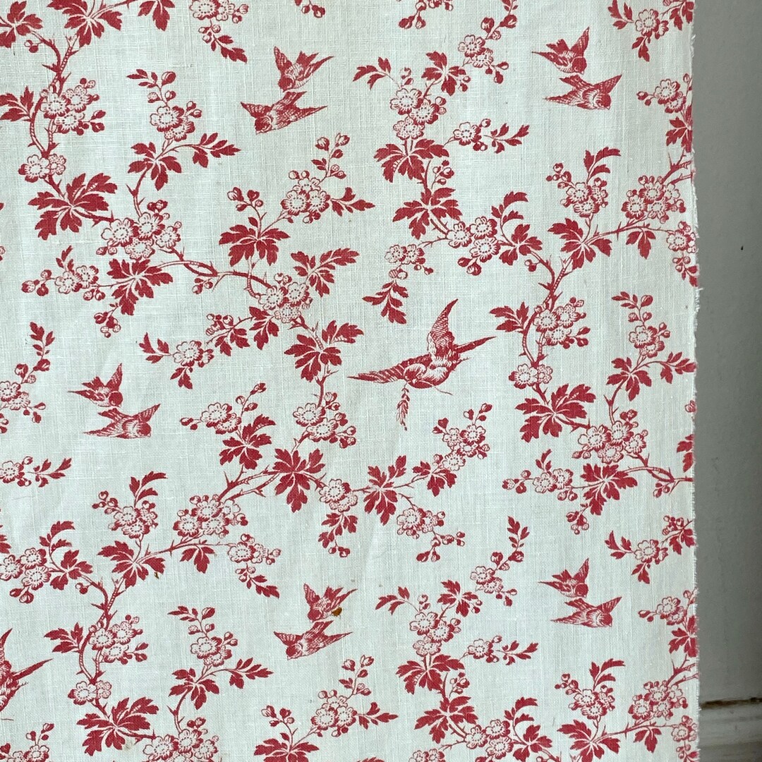 Bird and Floral Printed Fabric Red White Design Pattern Cotton 1930 ...
