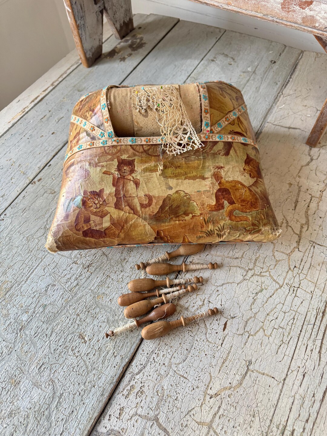1880-1890 French Lace Making Pillow Bobbin Handmade Decoupage Cats ...