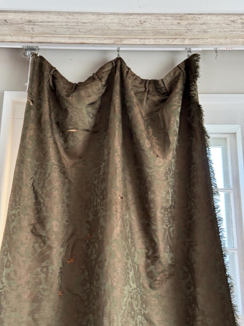 116x47 SILK French 1880 French Olive Moss Green Silk Damask Curtain ...