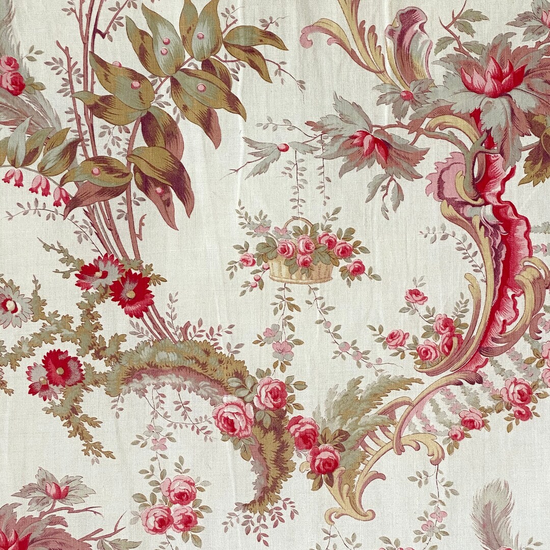 Antique French Floral Fabric C 1870 Printed Cotton Rococo Roses ...