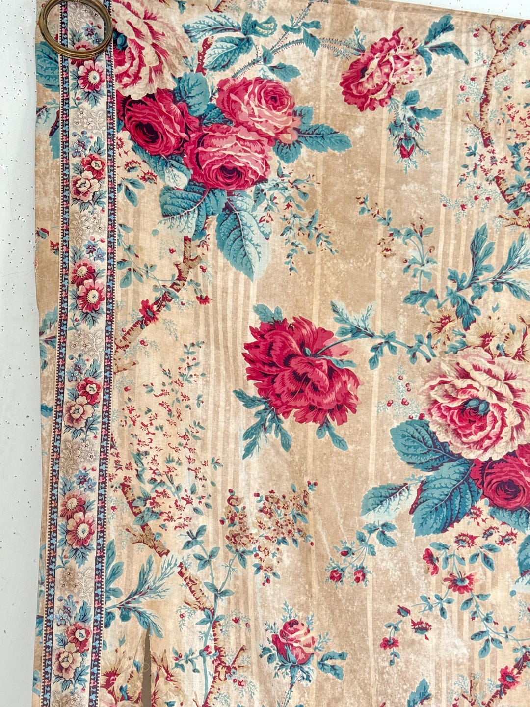 110x48 ( 1 OF SET ) 1850 French Chintz Curtain + Border Floral Fabric ...