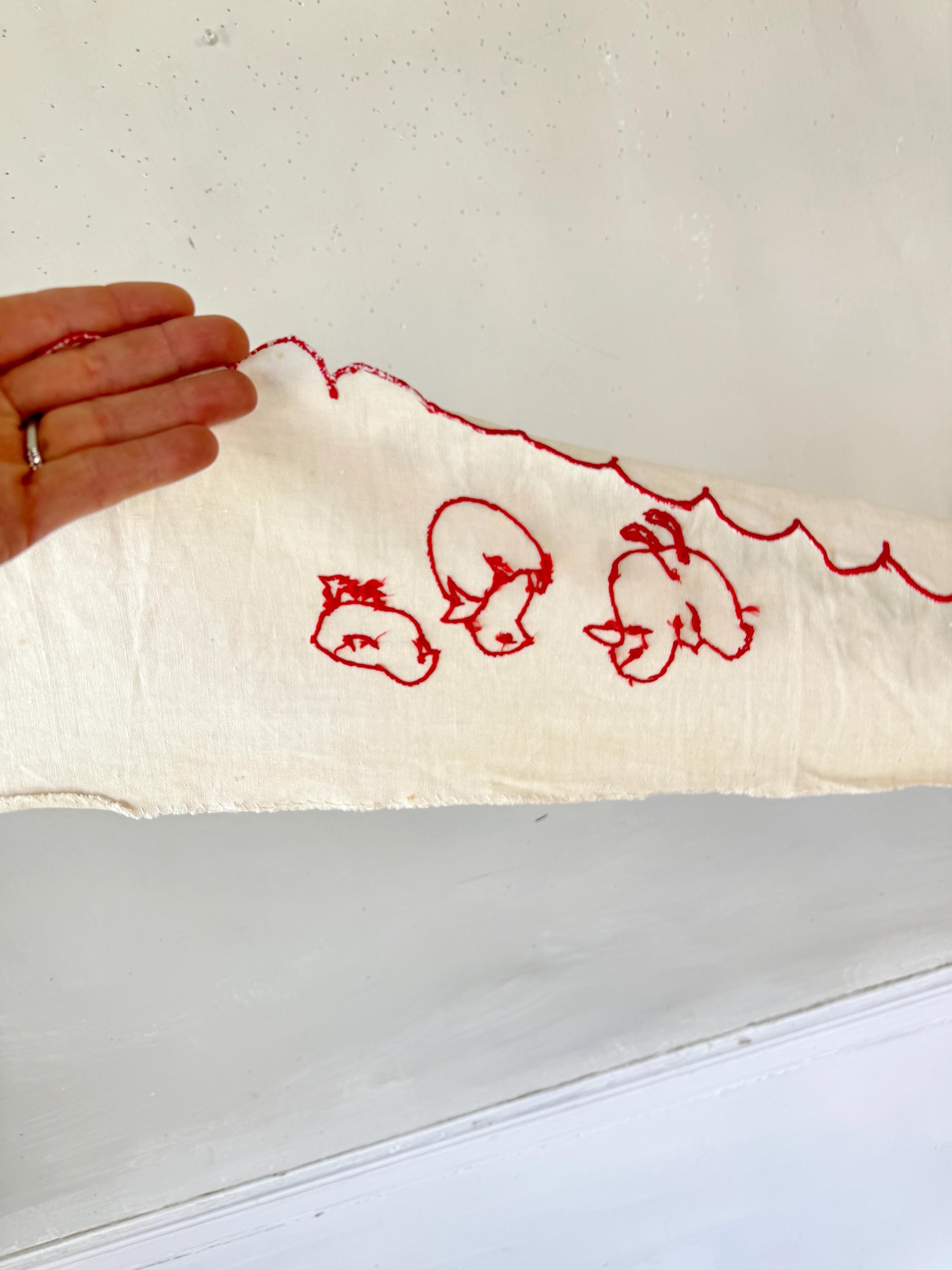 89x7 Embroidered Redwork French Old 1920s 1930s Kitchen Valance Red ...