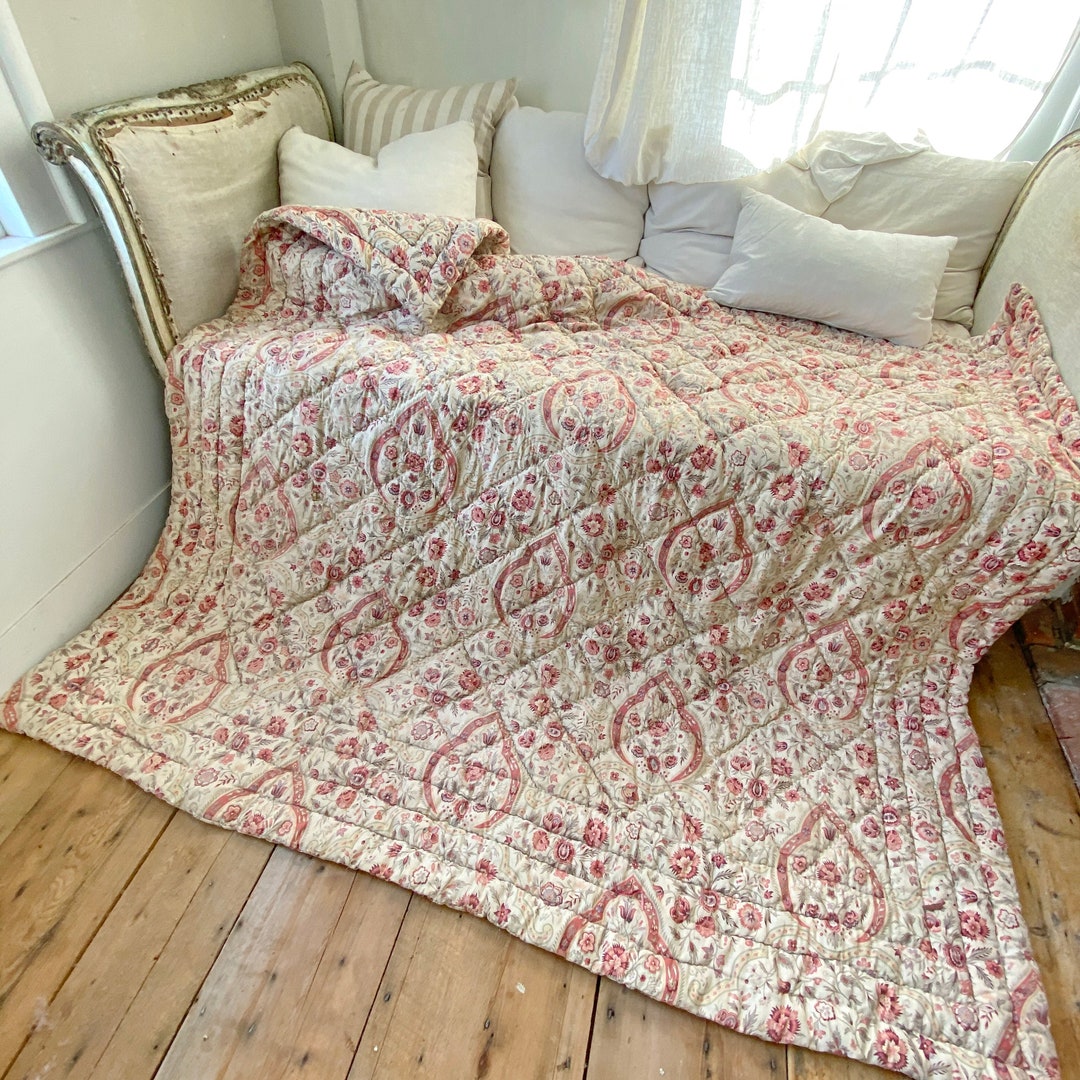 French Quilt Antique Large Scale Indienne Design Boutis Antique Country ...