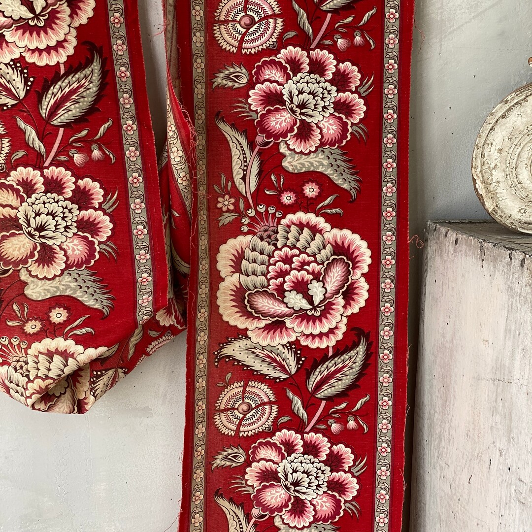 Antique French Red Indienne Fabric Border Material 1890 Heavy Weight ...