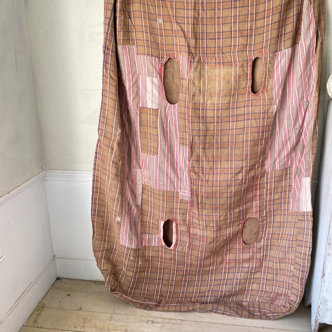 Late 1800's TIMEWORN Ticking Tick Mattress Jute Linen Ticking Mends ...