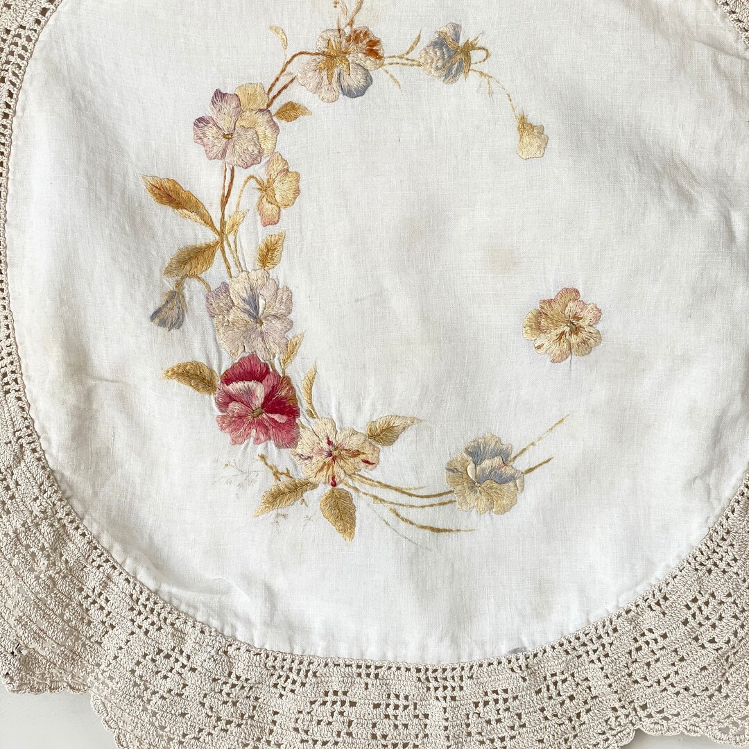 Vintage French Textile Circular Lace Pansy Embroidery Handmade Fabric ...