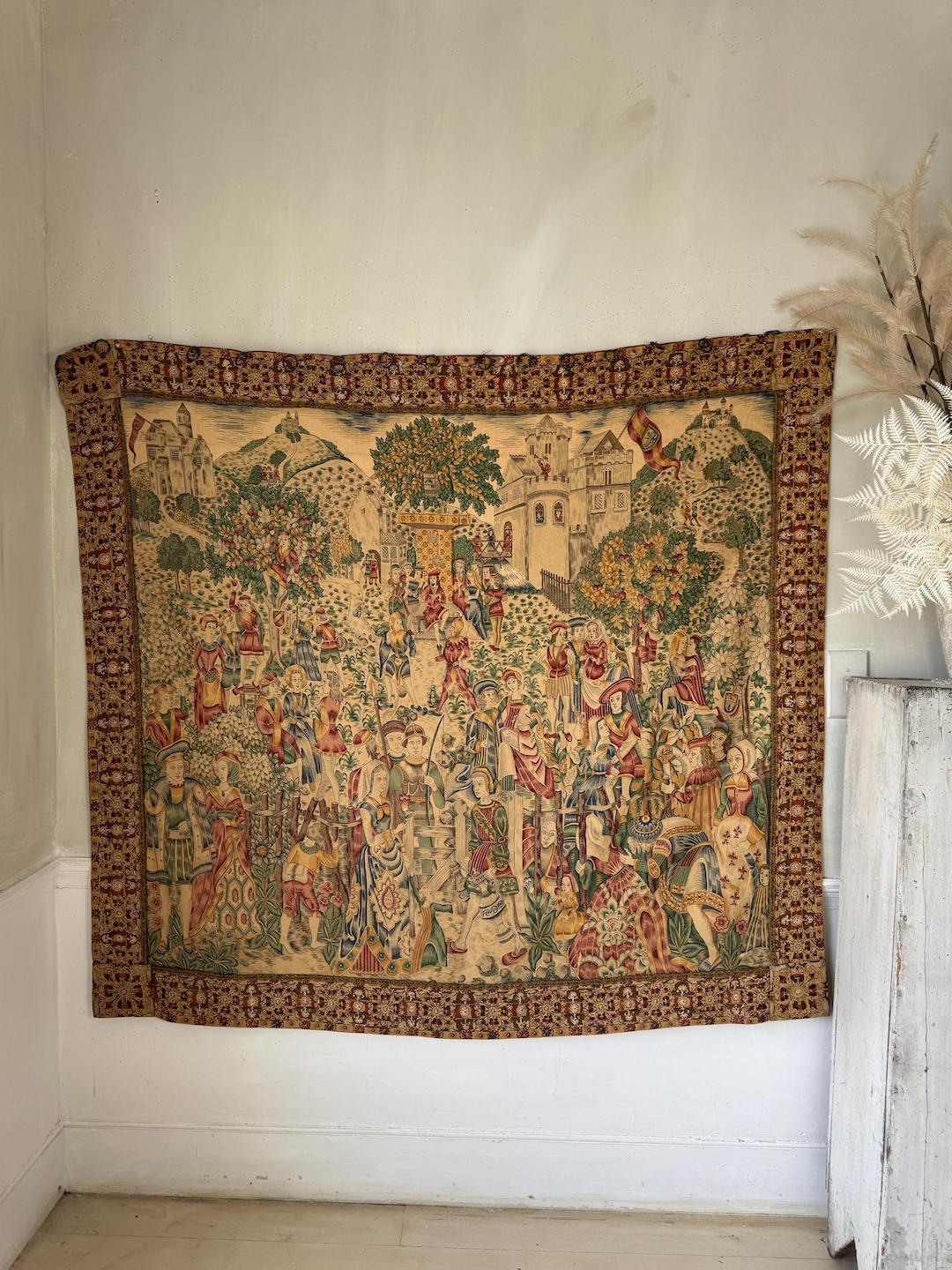 65x60 Vintage Printed Linen Tapestry French Wall Art Hanging Medieval ...