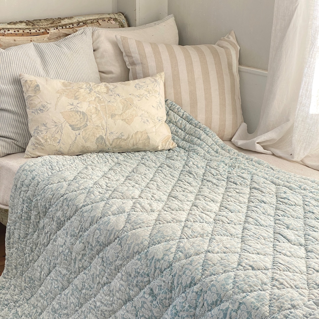 60X68 BEAUTIFUL Pale Blue Antique French Quilt Boutis Old Textile ...