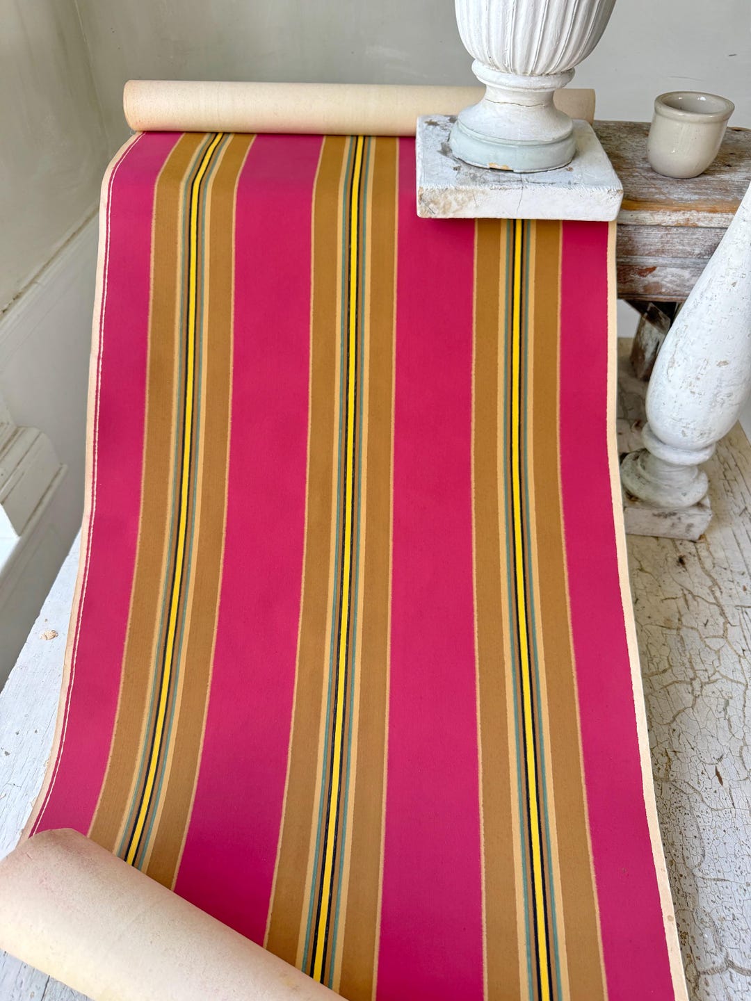4 Yrds ( 8 Avail) Vintage French Wallpaper Roll Pink Mustard Stripes ...