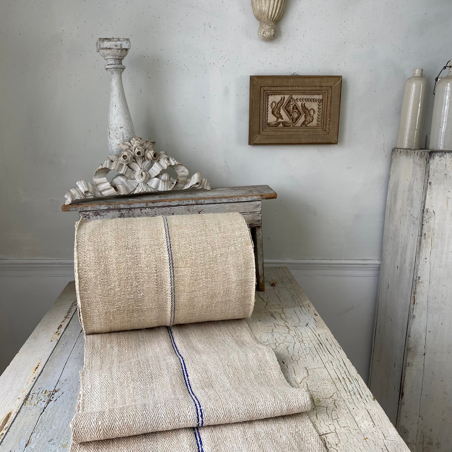 BLUE Stripe Greige Ground Stair Runner Heavy Hemp Grain Sack - Etsy