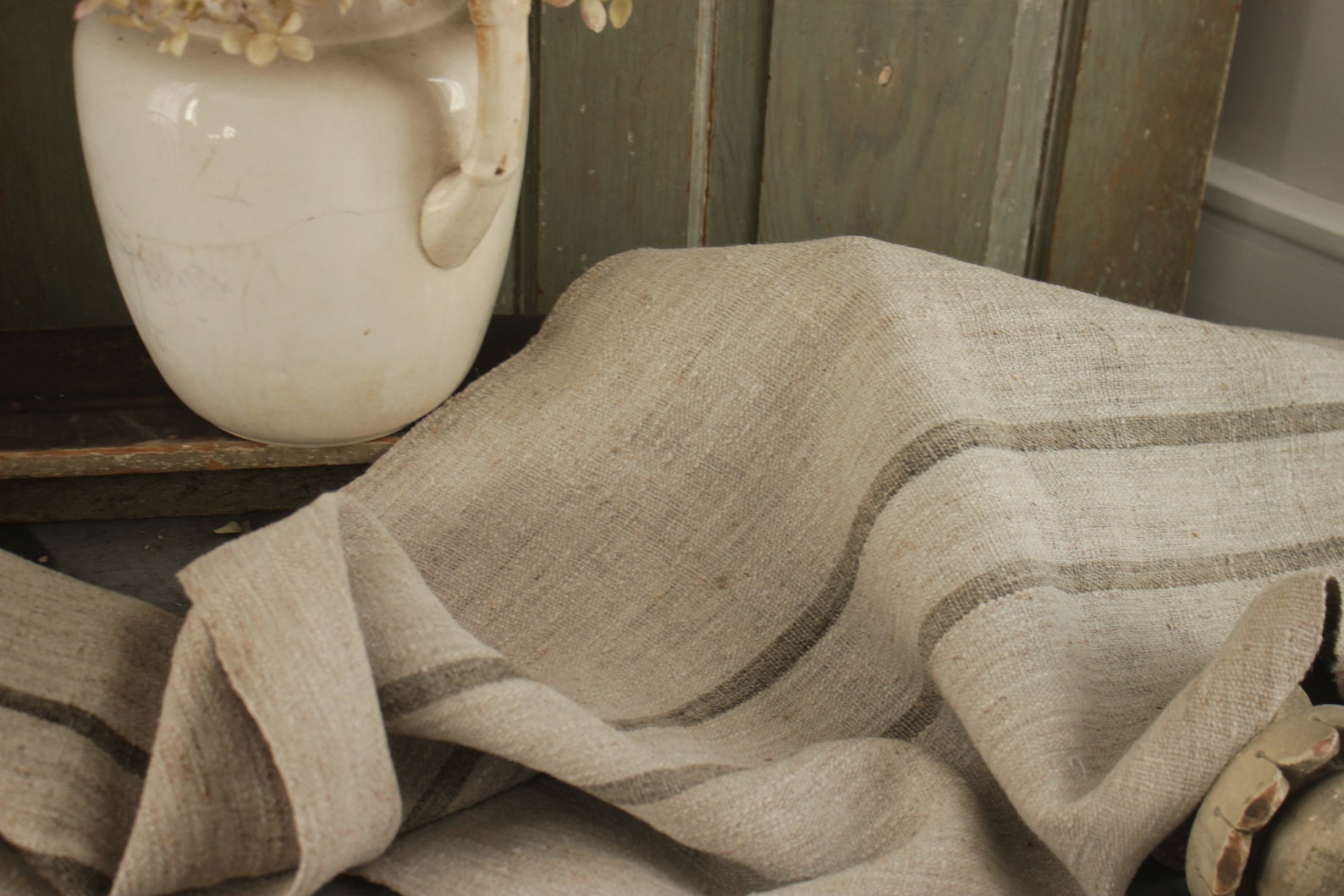 Striped Linen Gray Flax Fabric Grain Sack by the Yard Antique Homespun ...