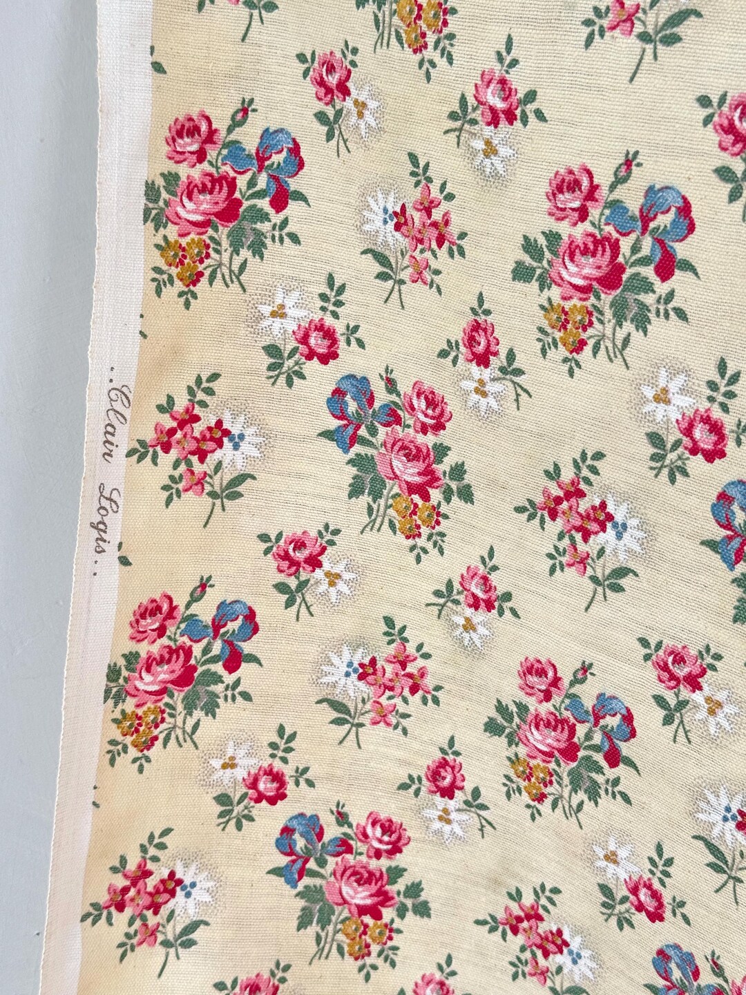 3.4 Yards French Fabric Clair Leger Roses Daisy Floral Yellow Ground ...