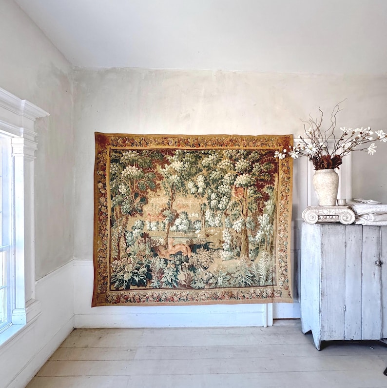 7.4ft X 6.4ft French Artis Flora Verdure Tapestry 1900’s Arts ...