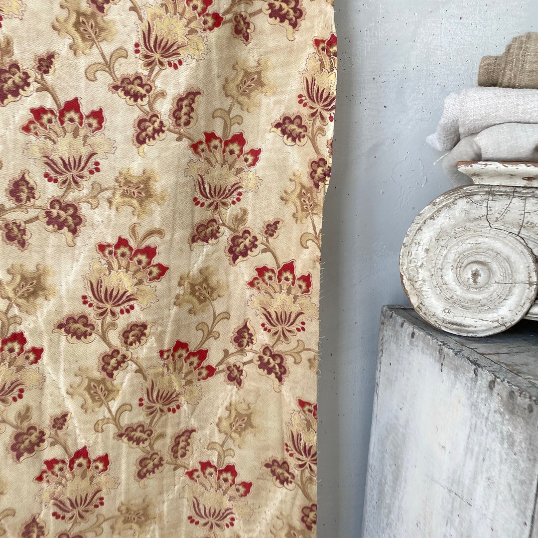 Cretonne Cotton Fabric French Antique Material Floral Red Eggplant ...
