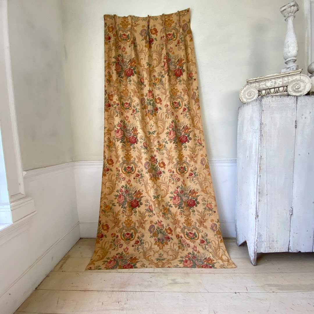 1920 LINEN American Textile Antique Curtain Drape Warm Floral Large ...
