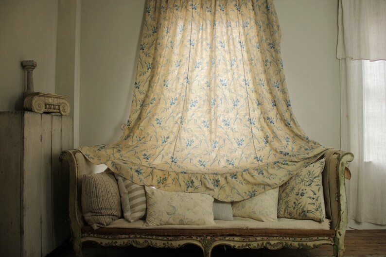 Large Antique Curtain French Blue Floral 1860 Printed Drape - Etsy