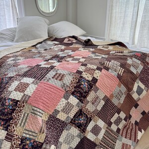 90x85 1850 Antique Farmhouse Patchwork Quilt Autumnal Old Madder Brown ...