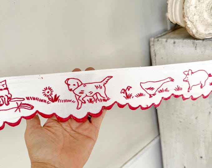 8.5 FEET French Red Antique Redwork Embroidery Embroidered Farm Animals ...