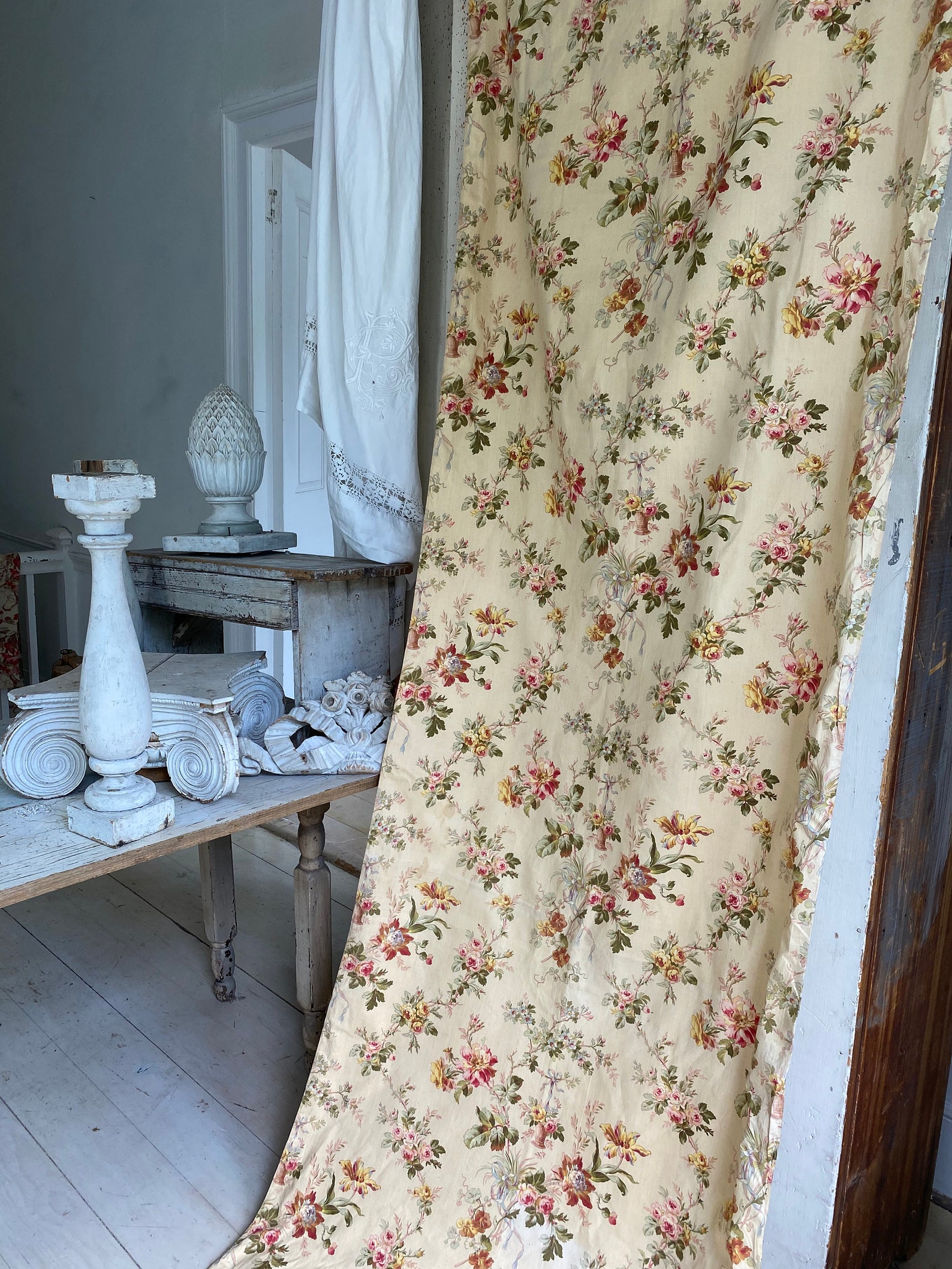 Botanical Antique Fabric from France floral basket design | Etsy