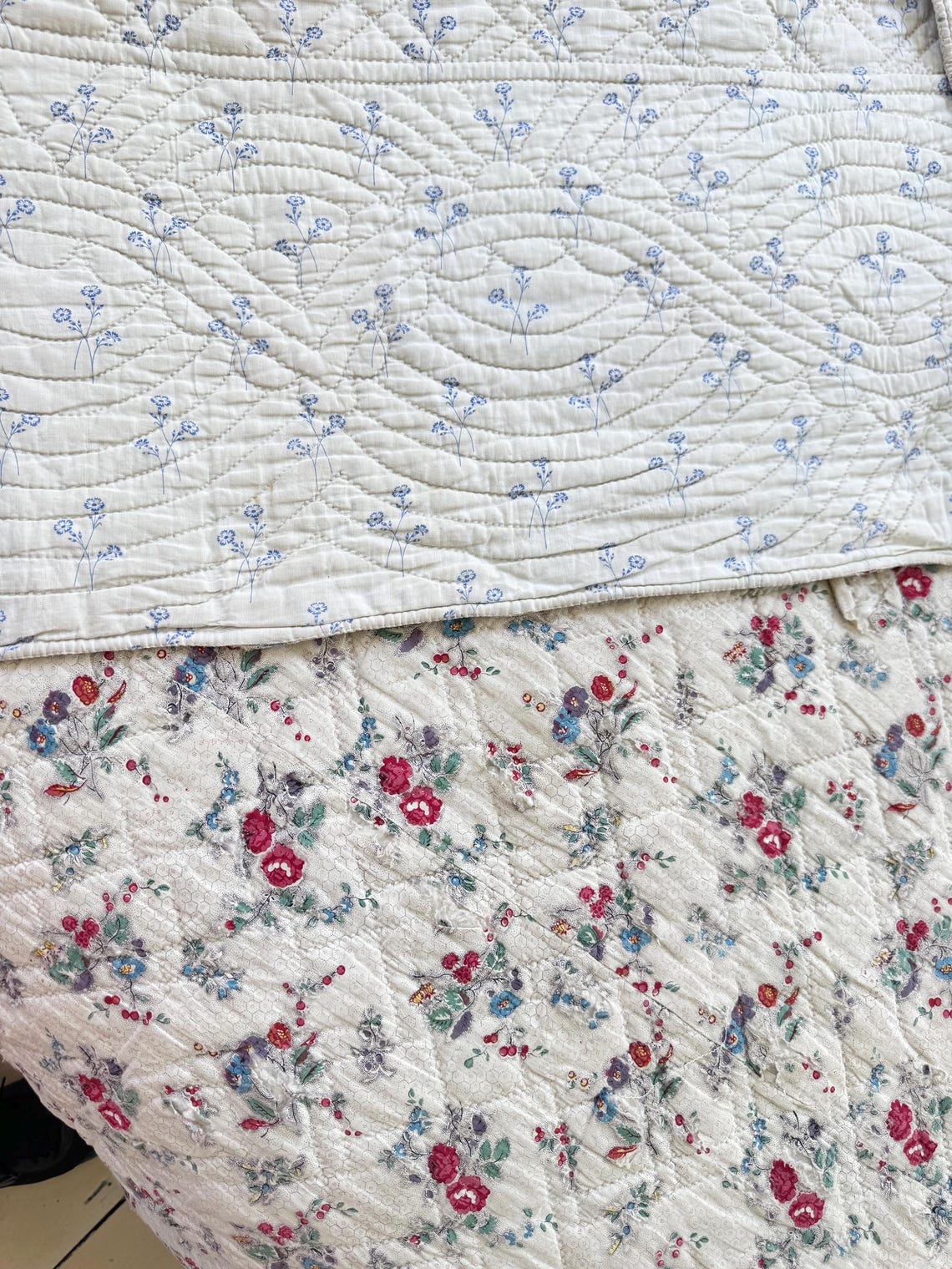 101x98 Antique French Quilt C1830 Hand Quilted Chintz Cotton D Monogram ...
