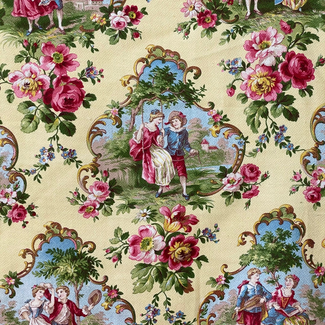 Romantic French Cretonne Fabric Yellow Cotton Antique Floral Cloth ...